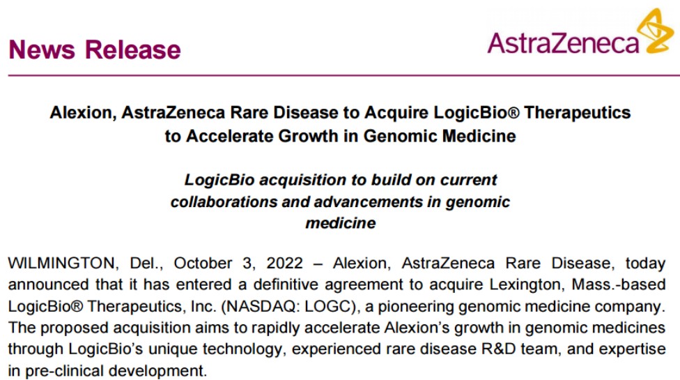 大涨638%！LogicBio(LOGC.US)与阿斯利康子公司达成收购协议_中金在线财经号